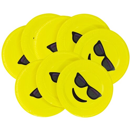 Набор одноразовых праздничных тарелок Смайлик в очках, из картона, 10 штук, желтый, диаметр 23 см
