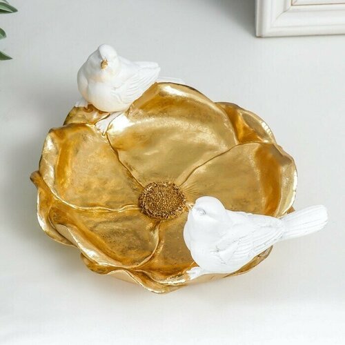 Сувенир полистоун подставка "Белые воробышки на золотом цветке" 9,5х18х20 см