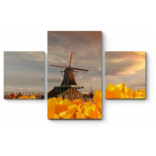 Модульная картина Ветряная мельница и желтые тюльпаны на закате 130x85