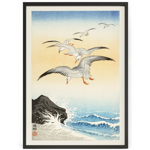 Постер на стену Японская гравюра Укие-э Катё-га - Пять чаек 90 x 60 см в тубусе