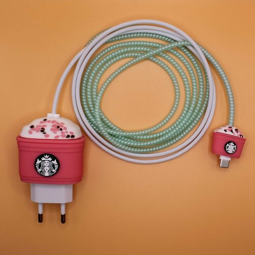 Комплект с обмоткой-спиралью для кабеля и защитный чехол для зарядки и защита кабеля от излома -Старбакс розовый(зеленая)