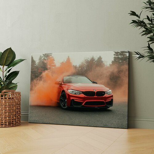 Картина на холсте (Красный автомобиль BMW, из которого идет много оранжевого дыма) 20x30 см. Интерьерная, на стену.