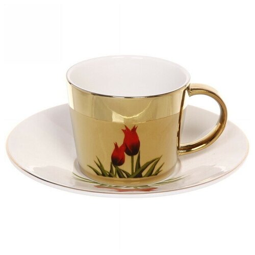Чайная пара (зеркальная кружка 230мл+блюдце) анаморфный дизайн «Тюльпаны»