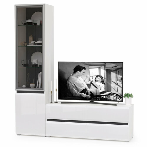 Мебельная глянцевая Мини-Стенка для гостиной под телевизор 180см белый/чёрный/МДФ белый глянец - НЖ1572