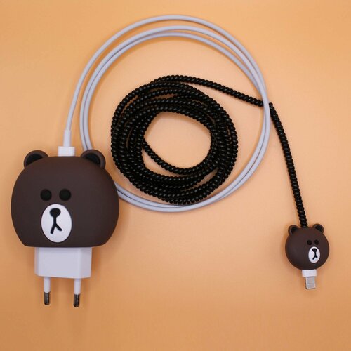 Комплект с обмоткой-спиралью для кабеля и защитный чехол для зарядки / защита кабеля от излома / Медвежонок (черный)
