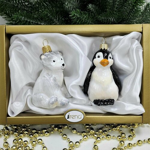 Набор стеклянных елочных игрушек Irena-Co Мишка и пингвин эмаль