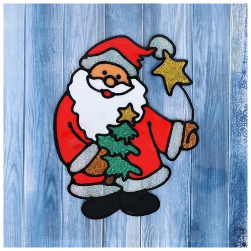 Зимнее волшебство Наклейка на стекло "Дед Мороз с ёлкой и звёздочкой" 14,5х18 см
