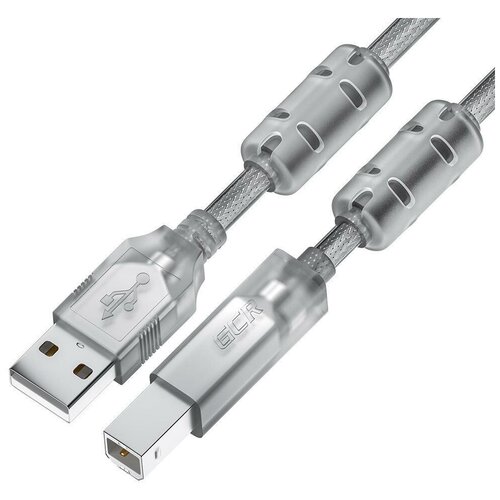 GCR Кабель PROF 3.0m USB 2.0, AM/BM, прозрачный, ферритовые кольца, 28/24 AWG, экран, армированный, морозостойкий, GCR-52424