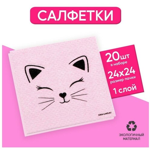 Салфетки бумажные однослойные «Кошечка», 24 × 24 см, в наборе 20 шт.