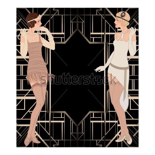 Постер на холсте Яркая композиция с двумя красивыми девушками в нарядах 1920-х годов на симметричном геометрическом фоне в стиле арт-деко 40см. x 46см.