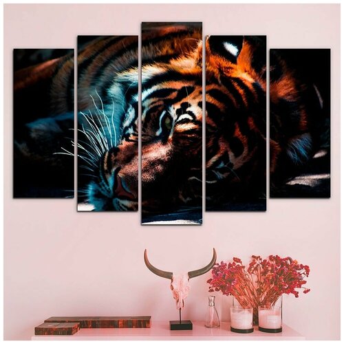 Модульная картина на Дереве - "Полосатый тигр", размер 120х80 см