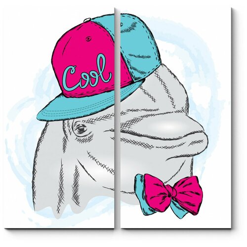 Модульная картина Дельфин в яркой бабочке и кепке 50x50