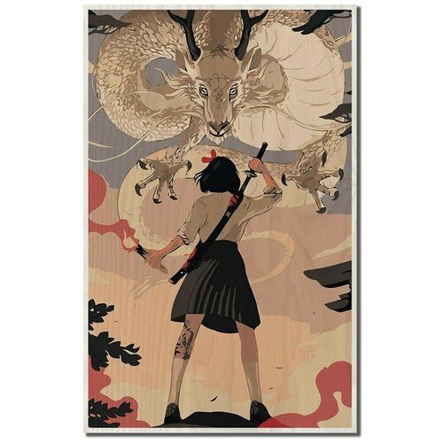 Картина интерьерная на дереве, рисунок аниме девочка и дракон 5435 В