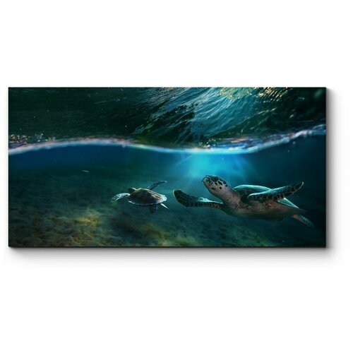 Модульная картина Зеленые черепахи, плывущие под волной 150x75