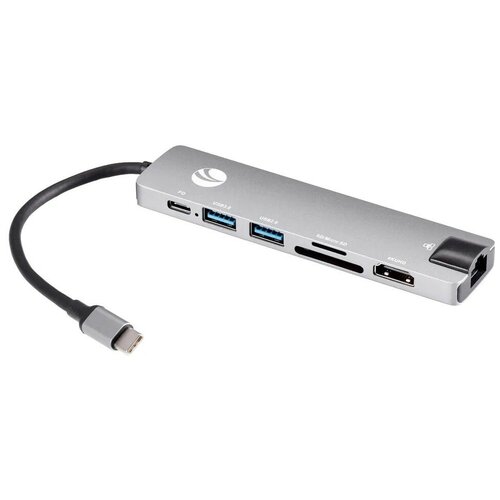 Vcom кабели CU4351 Адаптер Type-Cm -->HDMI A f 4K@30Hz+USB3.0+USB2.0+RJ45+TF+CD+PD, Alum Shell, 4895182218086