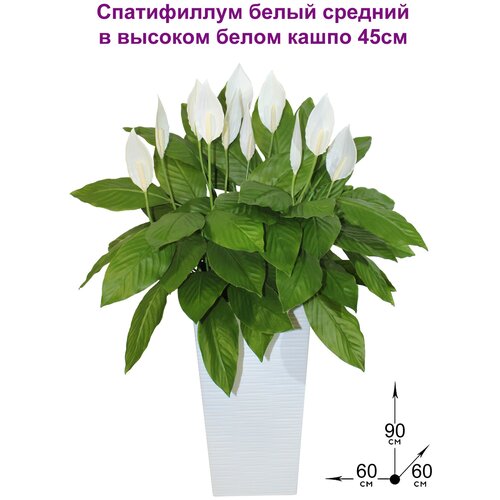 Искусственные цветы спатифиллум белый средний в высоком белом кашпо 45 см от ФитоПарк
