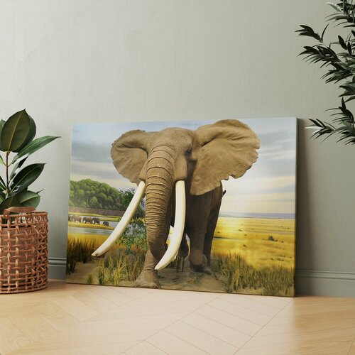 Картина на холсте "Большой слон стоит на вершине пышного зеленого поля" 30x40 см. Интерьерная, на стену.