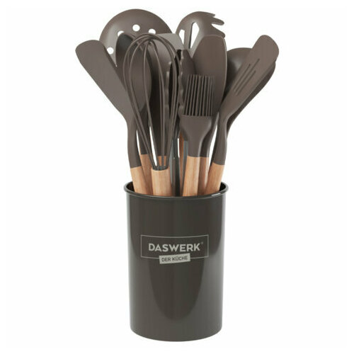 Набор силиконовых кухонных принадлежностей с деревянными ручками 12 в 1, серо-коричневый, DASWERK