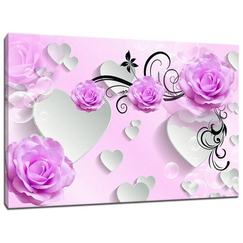 Картина Уютная стена "Пурпурные 3D розы и сердечки" 100х60 см