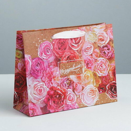 Пакет подарочный крафтовый горизонтальный, упаковка, "Цветочное настроение", L 40 x 31 x 11.5 см