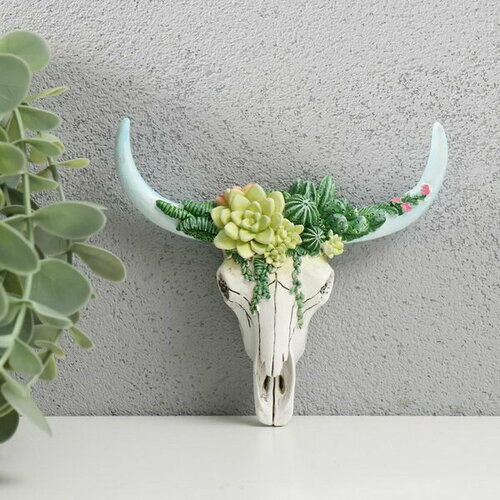 Сувенир полистоун настенный декор "Череп быка с кактусами" 2.6х11х12 см