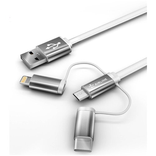 Кабель AIRLINE 3 in 1 USB - Lightning, USB Type-C, microUSB (ACH-C-49), 1.2 м, 1 шт., белый