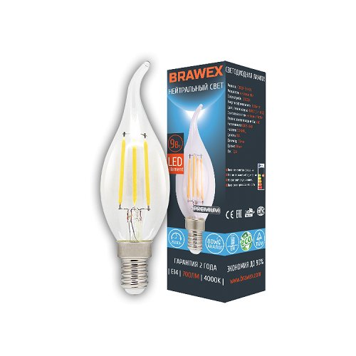 Упаковка светодиодных ламп Brawex LED Filament Candle 9W 4000K E14 C35QF-E14-9N (10шт)