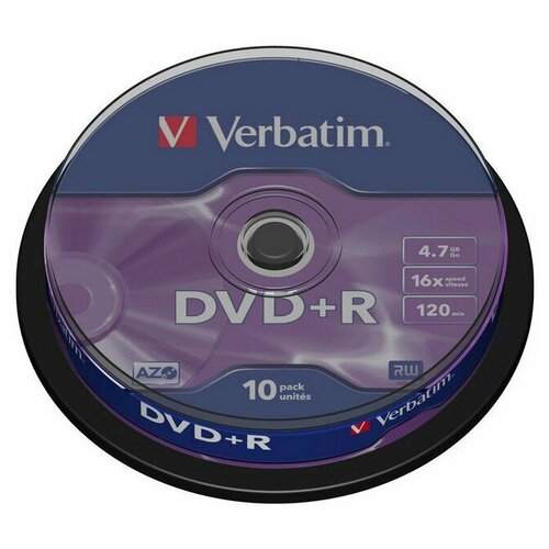 Носители информации DVD+R, 16x, Verbatim Azo Matt Silver, Cake/10, 43498