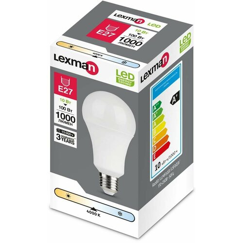 Светодиодная лампа Lexman, E27, 170-240 В, 10 Вт, груша матовая, 1000 лм, нейтральный белый свет (от 4 шт.)