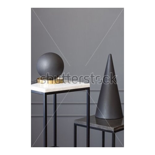 Постер на холсте Геометрия в интерьере - фигуры шара и конуса на лаконичных столиках 30см. x 45см.