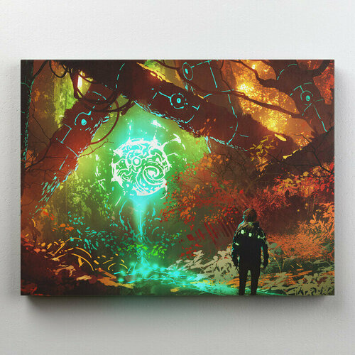 Интерьерная картина на холсте "Мужчина на фоне светового портала в мифических развалах" размер 40x30 см