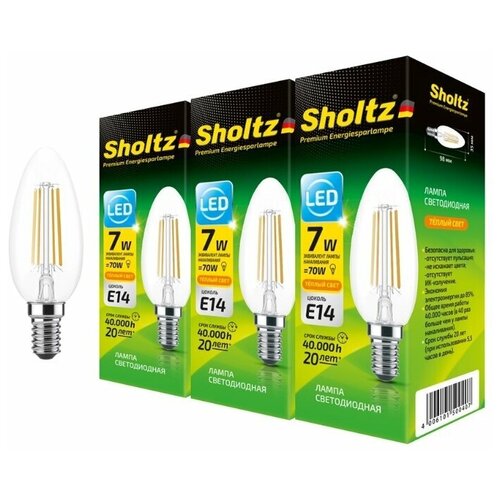 Комплект из 3 светодиодных энергосберегающих филаментных ламп Sholtz свеча С37 7Вт E14 2700К 220В стекло (Шольц) FOC5004T
