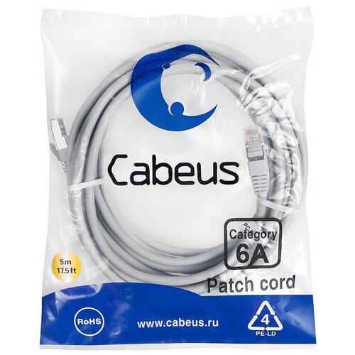 Патч-корд Cabeus PC-SSTP-RJ45-Cat.6a-5m-LSZH (S/FTP, CAT.6A, LSZH, 5 м, серый) (7905c)