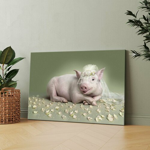 Картина на холсте (Свинья с вуалью на голове) 20x30 см. Интерьерная, на стену.