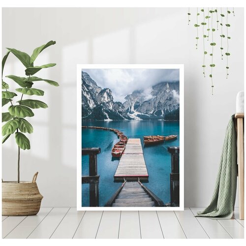 Постер В рамке "Озеро в горах, мостик, лодки" 40 на 50 (белая рама) / Картина для интерьера / Плакат / Постер на стену / Интерьерные картины