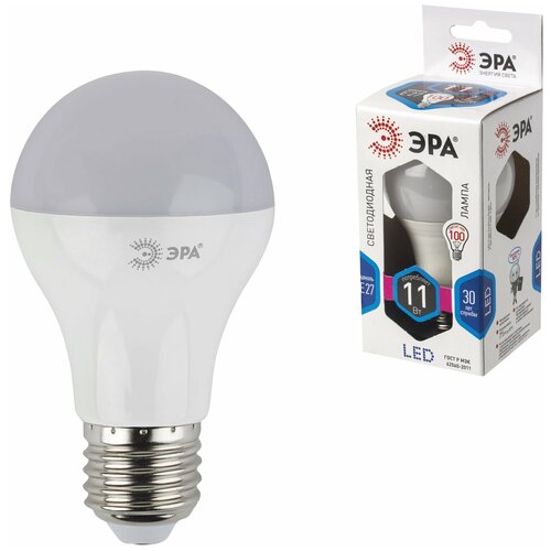 Лампа светодиодная ЭРА, 11 (100) Вт, цоколь E27, груша, холодный белый свет, 30000 ч, LED smdA60-11w-840-E27, Б0020533