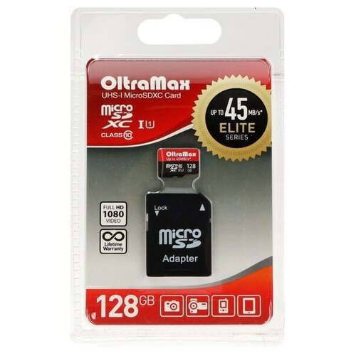 Карта памяти OltraMax MicroSD, 128 Гб, SDHC, UHS-1, класс 10, 45 Мб/с, с адаптером SD