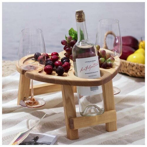 Столик-поднос для вина в форме сердца Adelica, с менажницей и складными ножками, на 2 персоны, d=30×2,8 см, берёза