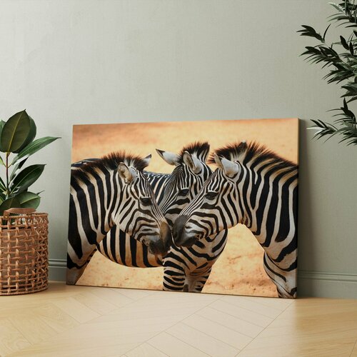 Картина на холсте "Пара зебр, стоящих рядом друг с другом" 20x30 см. Интерьерная, на стену.