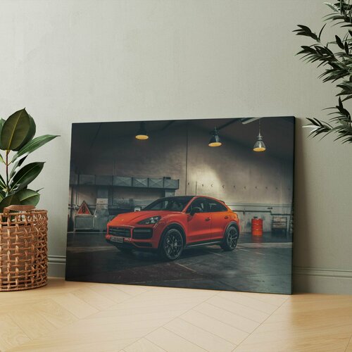 Картина на холсте "Красный porsche cayenne припаркован в гараже" 30x40 см. Интерьерная, на стену.
