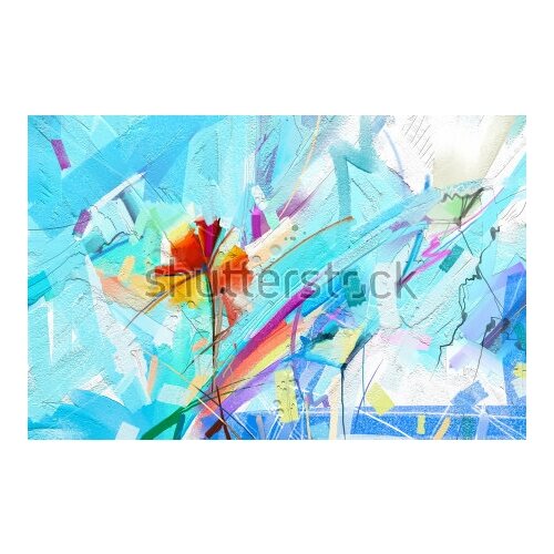 Постер на холсте Яркая композиция в оттенках голубого цвета с яркими цветами 46см. x 30см.