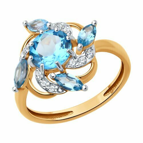 Кольцо Diamant online, золото, 585 проба, фианит, топаз, размер 18, голубой