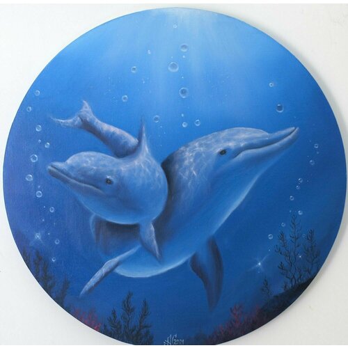 Круглая картина маслом ручной работы "Дельфины", холст диаметра 40 см