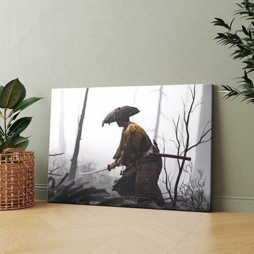 Картина на холсте (Мужчина в желтой рубашке и шлеме с мечом стоит посреди леса) 30x40 см. Интерьерная, на стену.