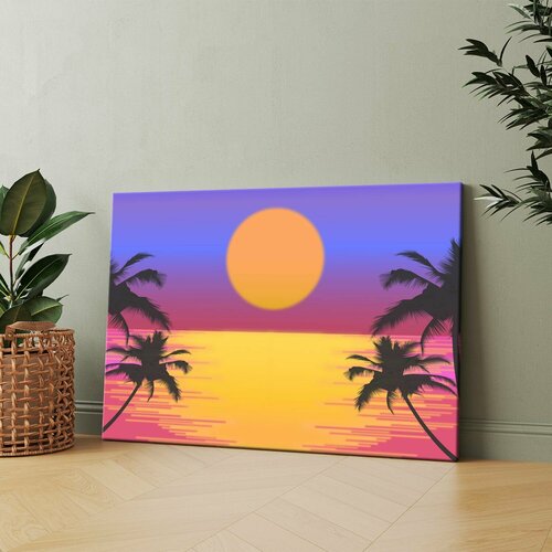 Картина на холсте (тропический закат с пальмами и закатом(1)) 30x40 см. Интерьерная, на стену.