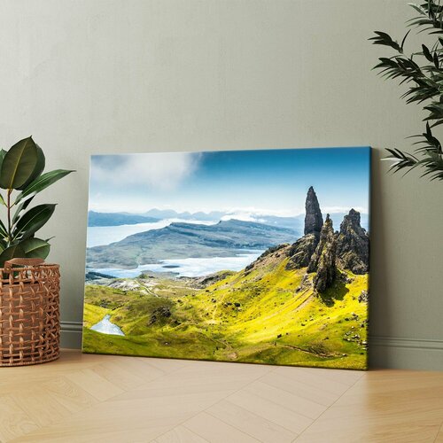 Картина на холсте (Гора с озером и большим водоемом) 30x40 см. Интерьерная, на стену.