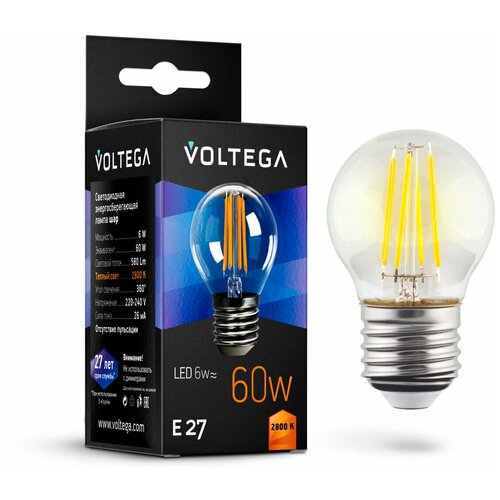 Лампочка Voltega VG10-G1E27warm6W-F, 6 Вт, Светодиодная, 1 шт.