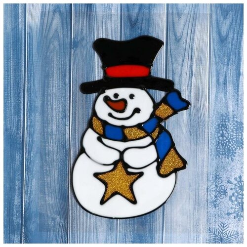 Зимнее волшебство Наклейка на стекло "Снеговик в полосатом шарфе со звездой" 9,5х15 см