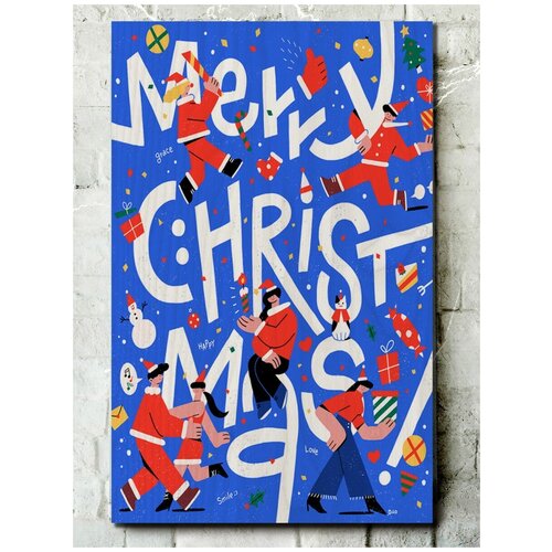 Картина интерьерная на дереве Новый год (Рождество, Дед Мороз, Снегурочка, Постер) - 7919 В