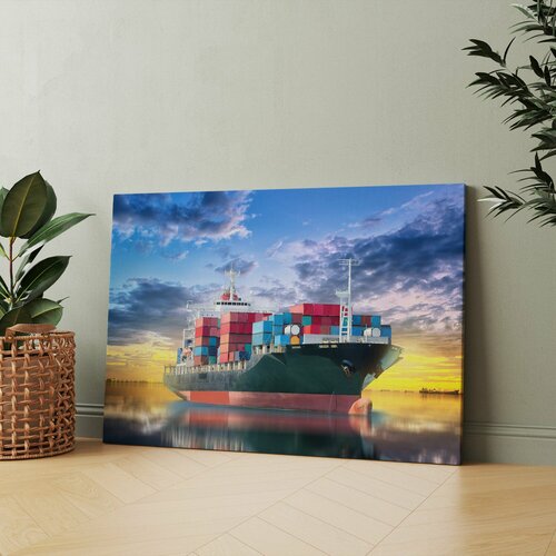Картина на холсте "Большой грузовой корабль с большим количеством контейнеров на нем" 80x100 см. Интерьерная, на стену.